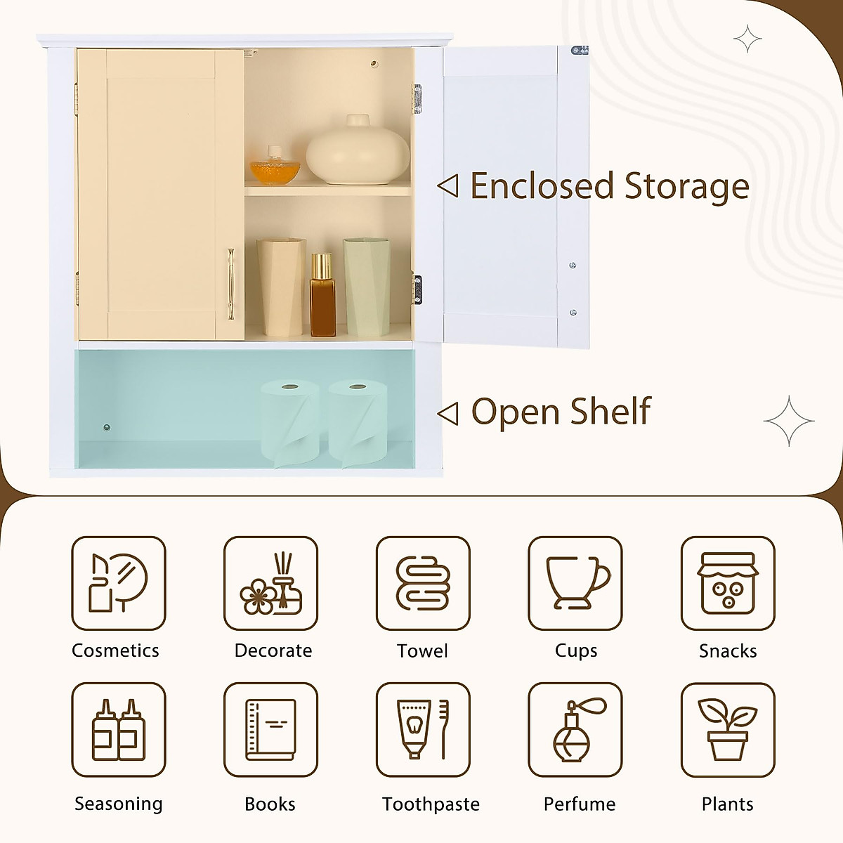 JupiterForce Bathroom Wall Cabinet Over The Toilet with 2 Doors and 3 Adjustable Shelves, Wall Mounted Medicine Cabinet for Bathroom, Living Room, Kitchen, White