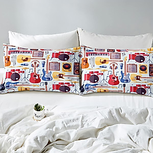 Manfei Musical Kids Fitted Sheet Twin Size, MusicalGuitar Radio Drum Kit Headset Print Bedding Set 2pcs for Boys Girls, Rock Music Bed Cover with 1 Pillowcase, Soft Polyester Bedding, No Top Sheet