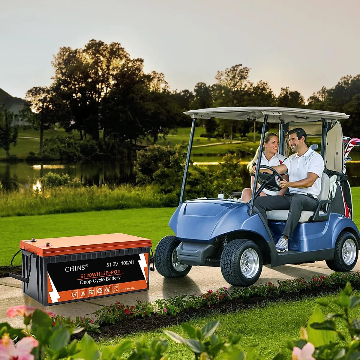 CHINS 48V 100AH Lithium Battery for Golf Cart with 48V 18A Charger, Monitor, Built-in Bluetooth 200A BMS, 48V Golf Cart Battery with 10.24kW Output, 1000A Peak Current