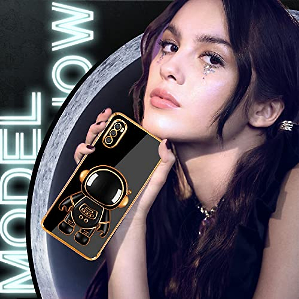 Lotadilo for Moto G Stylus 5G 2022 Case, Moto G Stylus 5G Cases with Astronaut Stand for Women Girls, Girly Cute Spaceman Love Heart Gold Plating 6D Phone Cover for G Stylus 5G 2022 6.8'' Black