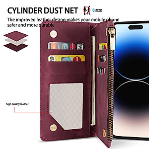 ZZXX iPhone 14 Pro Max Case Wallet with [RFID Blocking] Card Slot Soft PU Leather Zipper Flip Folio with Wrist Strap Kickstand Protective Cover for iPhone 14 Pro Max Wallet Case(Wine Red-6.7 inch)