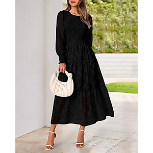 BTFBM Casual Women's 2025 Spring Dresses Elegant Wedding Guest Dress Long Sleeve Floral Midi Dress Flowy Bohemian Long Dress(Black,Small)