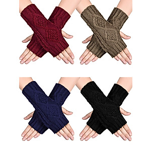 SATINIOR 4 Pairs Women Warm Knit Winter Fingerless Gloves Thumbhole Arm Warmers Mittens (Black, Navy Blue, Khaki, Wine Red)
