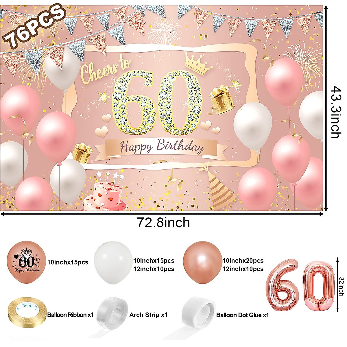 60th Birthday Decorations Women, Including Pink Rose Gold 60th Birthday Banner Backdrop Decor, Number 60th Birthday Balloon, 70 Pieces Rose Gold Balloon Arch Garland Kit for 60th Birthday