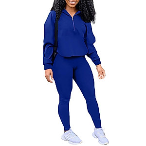 EOSIEDUR Women's Solid Sweatsuit Set Two Piece Long Sleeve Pullover and Waistband Sweatpants Sport Outfits Sets, Blue X-Large