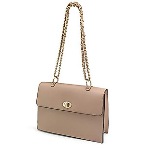 Women Chain Shoulder Handbag with Turn Lock Minimalist Flap Top Cross Body Bag Purse (Nude) Medium