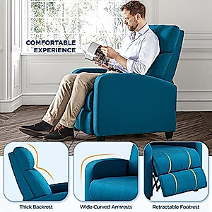 Topeakmart Fabric Recliner Sofa Push Back Recliner Chair Adjustable Modern Single Reclining Chair Upholstered Sofa with Pocket Spring Living Room Bedroom Home Theater Blue