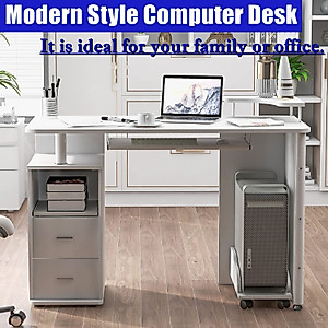 Tenouvos Best Computer Desk Writing Study Desk,Modern Style Home Office Desk,Laptop PC Table Workstation with 2 Drawers,CPU Pedestal,Shelf and Pull-Out Keyboard Tray,Quick Assembly (White)