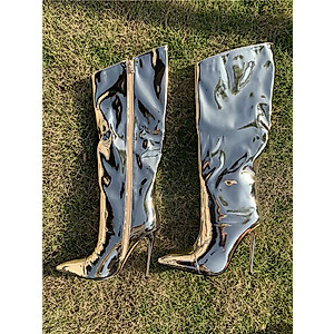 MissHeel Silver Metallic Knee High Boots Sexy Patent Leather Stiletto High Heels Boots for Women Slouch Wide Calf Boots Pointed Toe Size 7