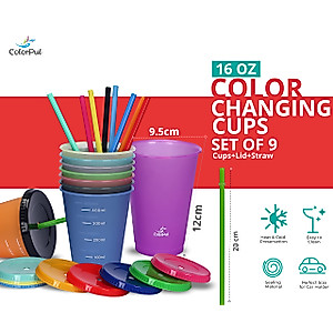 COLORPUL Kids Cups with Straws and Lids- 9 Packs 16 oz- Color Changing Cups - Thick Reusable Insulated Plastic Cups with Straws for Coffee, Smoothie Cups