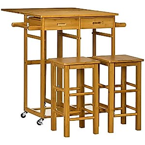 HOMCOM Foldable Dining Table Set with 2 Square Stools and 2 Drawers, Bamboo Drop Leaf Breakfast Cart, Mobile Kitchen Island Trolley Cart on Wheels, Brown