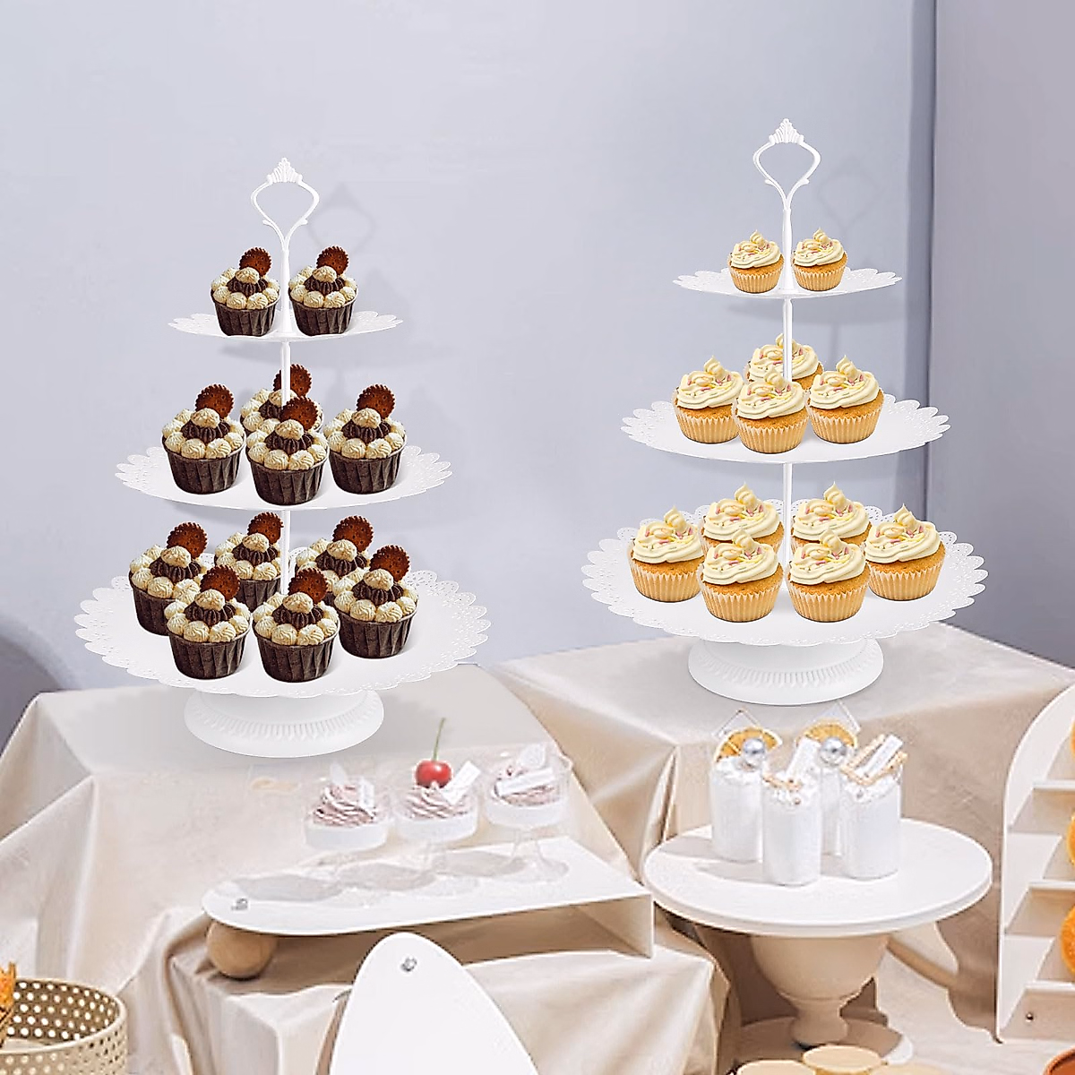 tchrules Cake Stands Set,Metal Dessert Table Display Stands, Tiered Cupcake Holder with Dessert Trays, Round Cake Stand Serving Plate for Party Wedding Birthday Celebration (White)