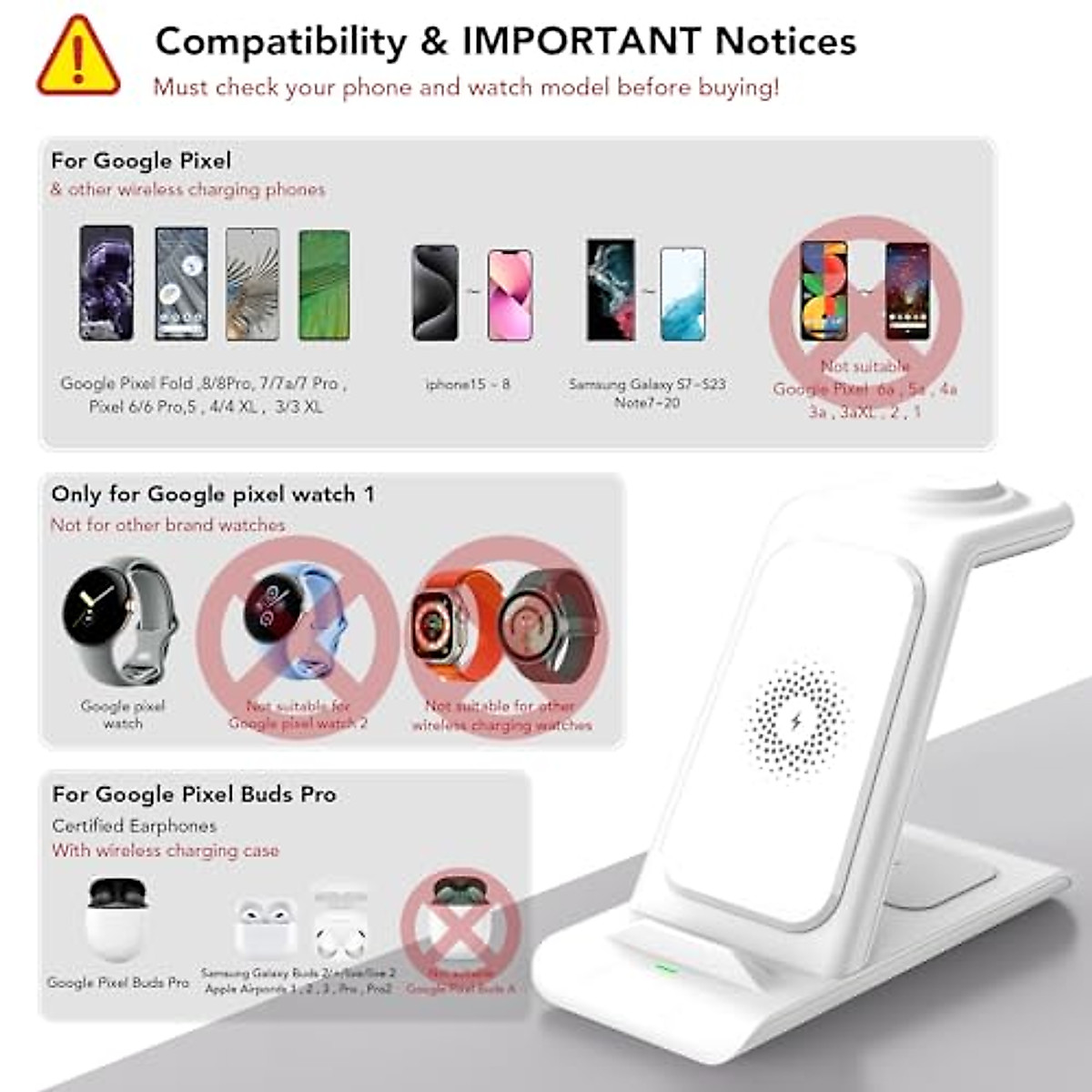HATALKIN Upgraded Wireless Charger for Googel Pixel Watch 2,3 in 1 Wireless Charging Staion for Google Pixel 8/8Pro/7/7A/7Pro/Fold/6/6Pro/5/4/3/XL,Pixel Buds Pro,Samsung Galaxy/IPhone Devices