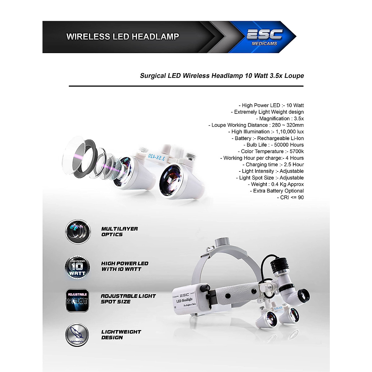 ESC Medicams Dental Headlight Loupe 10W Surgical LED Headlamp ENT Portable (123.001)