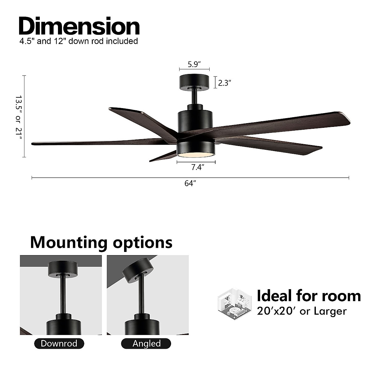 WINGBO 64 Inch DC Ceiling Fan with Lights and Remote Control, 5 Reversible Carved Wood Blades, 6-Speed Noiseless DC Motor, Modern Ceiling Fan in Matte Black Finish with Walnut Blades, ETL Listed