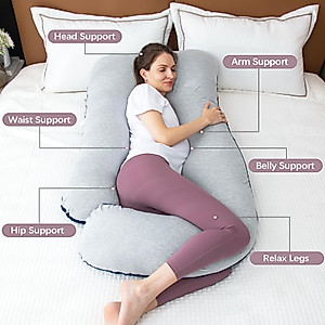 MOON PINE Pregnancy Pillow, U Shaped Full Body Pillow for Maternity Support, Sleeping Pillow with Cover for Pregnant Women (Grey Blue)
