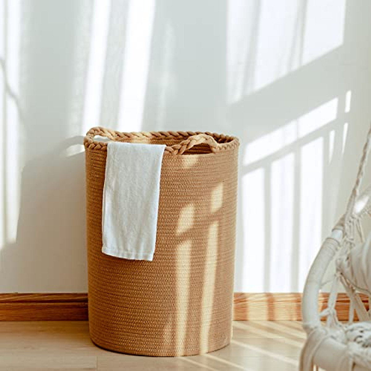Homlikelan 58L Cotton Woven Laundry Hamper,Foldable Laundry Basket for Blankets,Pillows,Toys,Shoes Tall CLothes Hamper Laundry Bin Light Brown 20''H 15''D