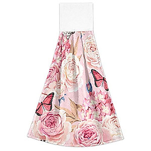 Qilmy Rose Butterfly Kitchen Towel with Hanging Loop, Absorbent Hand Towel Dish Cloth for Kitchen Bathroom Farmhouse Housewarming Home Decor 12 x 17 Inch