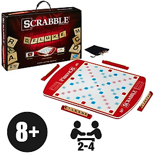 Scrabble Game Deluxe Edition Letter Tiles Board Game, Family Board Games for Adults and Kids, Word Games for 2-4 Players, Ages 8+