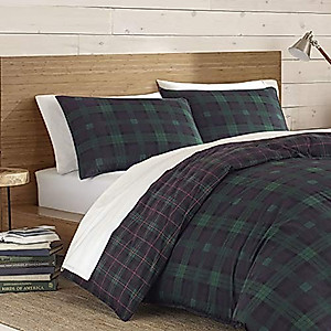 Eddie Bauer - Queen Duvet Cover Set, Reversible Cotton Bedding with Matching Shams, Plaid Home Decor with Button Closure (Woodland Tartan Green, Queen)