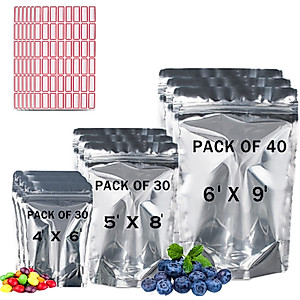 BELLE KR® Mylar Bags for Food Storage- Pack Of 100 (30 Pieces 4"x6" and 5"x8" and 40 Pieces 6"x9") Resealable Mylar Ziplock Bag with 7.5mil Thickness with Labels