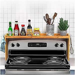 IIIOIIIA Bamboo Over The Stove Spice Shelf for Kitchen Storage, 31.5" Kitchen Spice Rack Organizer Stove Top Shelf with 6 Hooks, 11.4" Height Extra Storage Countertop, Easy to Assemble
