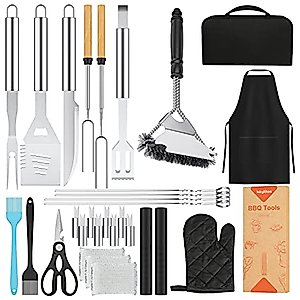 Heavy Duty Stainless Steel Basic BBQ Grill Accessories Barbecue Tool Utensils Set with Cleaning Scraper Brush Spatula Long Tongs Fork Storage Apron, Grilling Gift for Men Outdoor Barbecue Kit (30PCS)