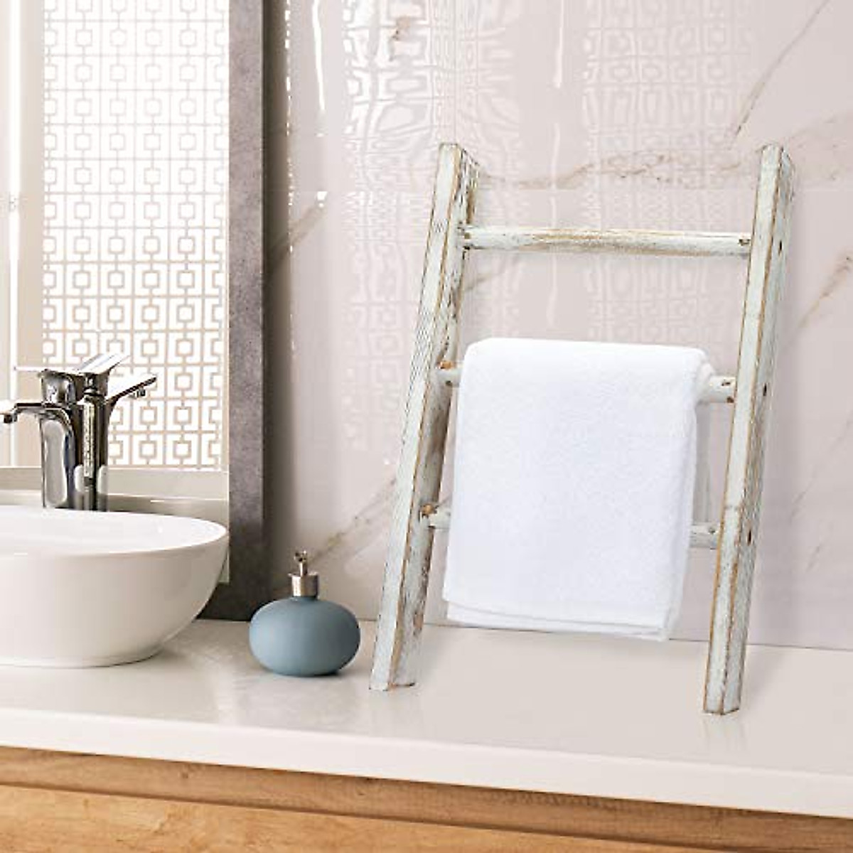 MyGift 16 Inch Rustic Whitewashed Wood Countertop Kitchen Towel Ladder with 3 Rungs, Farmhouse Bathroom Hand Towel Holder Rack