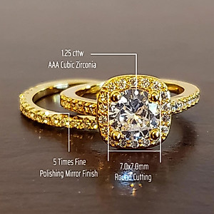 Ahloe Jewelry CEJUG 18K Gold Plated Wedding Rings for Women Engagement Bridal Ring Set Wedding Bands Halo Round Golden 1.5Ct Cz Size 11