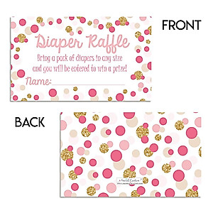 Polka Dot Pink & Gold Themed Diaper Raffle Tickets for Girl Baby Showers, 20 2" X 3” Double Sided Insert Cards for Games by AmandaCreation, Bring a Pack of Diapers to Win Favors & Prizes!