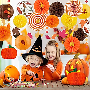 Fall Thanksgiving Party Decorations Supplies, Autumn Maple Leaves Garland Hanging Paper Lanterns Tissue Pumpkin Honeycombs Fans Pom Poms Flowers for Birthday Baby Shower Home Decor Indoor Outdoor