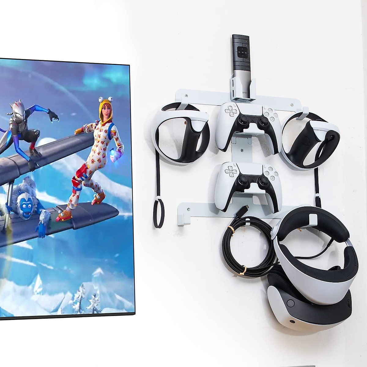 PS VR2 Wall Mount Kit, All in One Solid Metal Wall Mount Kit for PS VR2 Headset, PS VR2 Controllers, PS5 Controllers, PS5 Headphone and PS5 Media Remote - White