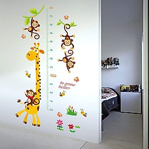 Height Growth Chart Wall Sticker Children Living Baby Room Decoration Giraffe Animals Peel Stick Art Wall Decor for Kids Measuring Ruler Height Decals Removable Nursery Bedroom Wallpaper