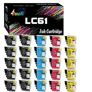 4Benefit (Set of 25) Compatible LC-61 LC61 Ink Cartridge LC 61 (10BK+5C+5M+5Y) Replacement for Brother LC61BK LC61C LC61M LC61Y Used for MFC-290C MFC-495CW MFC-490CW MFC-6490CW Inkjet Printer