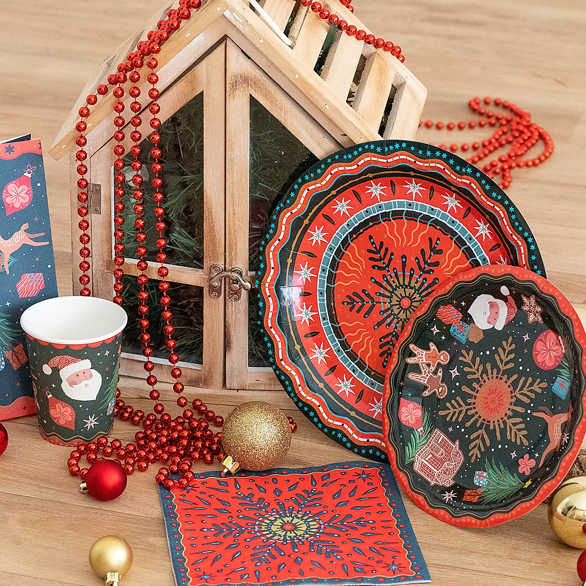 Christmas Paper Plates and Napkins Serves 16 Guests - Merry Christmas Tableware Sets With Santa Claus, Tree Snowflake | Disposable Paper Large Dinner Plates, Small Dessert Plates, Cups and Napkins