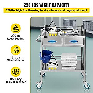 VEVOR Lab Serving Cart Utility Cart Stainless Steel Medical Cart with Two Drawers for lab Equipment Use Grade I Stainless Steel Utility Services (2 Shelves/ 2 Drawer)