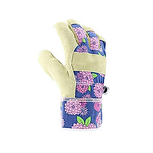 Miracle-Gro MG23012/WML Split Cowhide Garden Gloves – Floral, Medium-Large, Canvas Back Leather Palm Gloves for Women