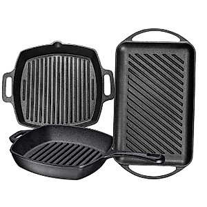 Bruntmor Pre Seasoned Cast Iron 3 Piece Grill Bundle Gift Set, Rectangular grill Pan, Grill Skillet, Square Grill Pan, Camping Cookware Set