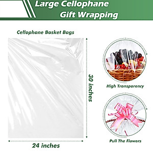 50 Packs Large Cellophane Bags 24" x 30" Clear Cellophane Gift Basket Wraps Extra-large 2.3 Mil Thick Clear Cello Bags for Fruit Basket, Gift Wrap, Treats, Arts and Crafts, 50ct Ribbon Bows