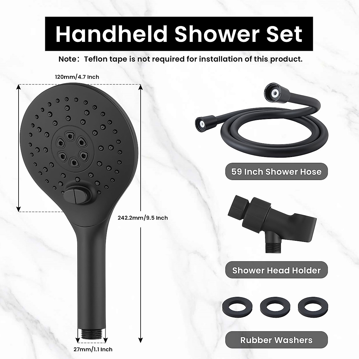 KPW Handheld Shower Head with 59" PVC Hose Matte Black Detachable Shower Head Adjustable Bracket High Pressure Handheld Shower Head RV Shower Head