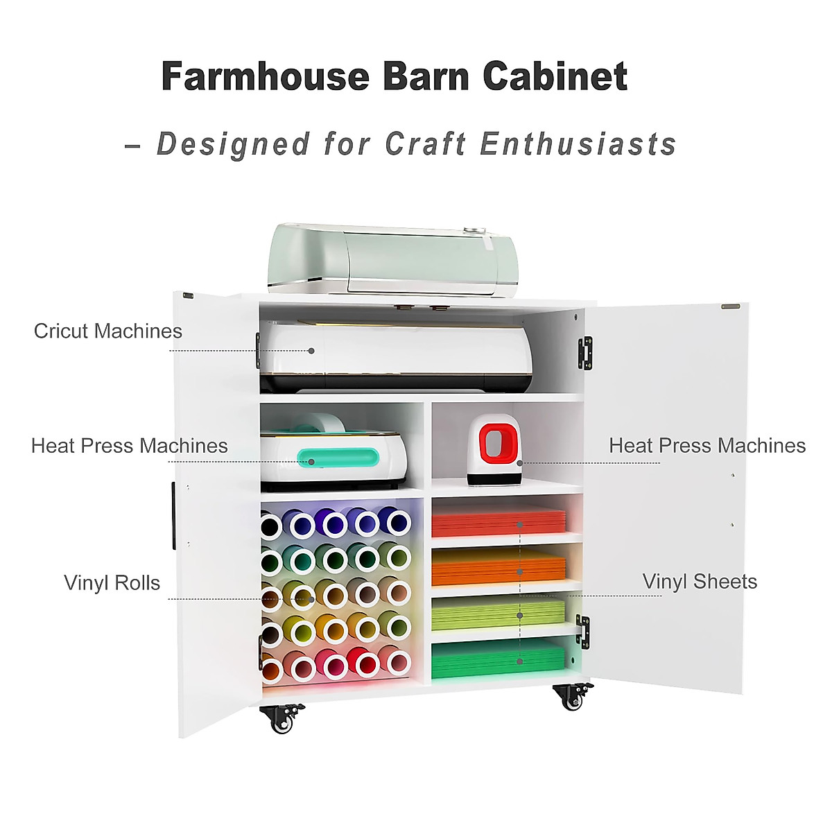 Craft Organization and Storage Rolling Cart Compatible with All Cricut Machines, Modern Farmhouse Craft Cabinet with 25 Vinyl Roll Holders, Craft Table with Barn Door for Cricut Accessories Storage