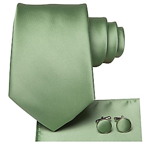 Hi-Tie Men Ties Sets Silk Stripe Paisley Necktie Pocket Square Cufflinks for Business Wedding,Sage Green
