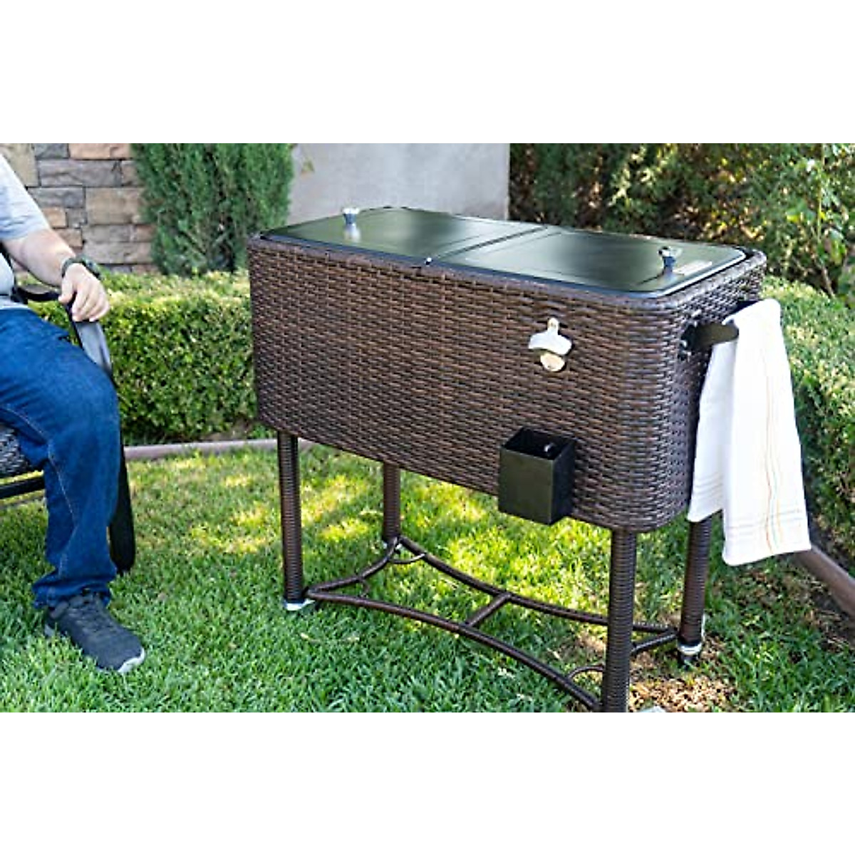Permasteel 80-Qt Hand-Woven Wicker Patio Cooler with Wheels | Beverage Rolling Cooler for Backyard Deck, PS-A208-BB, Outdoor Drink Cart, Rattan Style, Brown