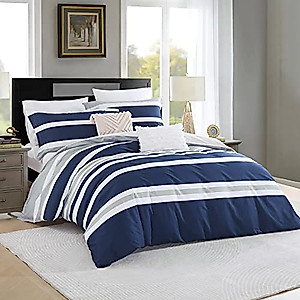 Bedduvit Striped Queen Duvet Cover - 100% Cotton Duvet Cover Queen Size,3 Piece Navy Duvet Cover Queen,Simple Modern Queen Duvet Cover with Zipper Closure & 8 Ties (90"x90", No Comforter)