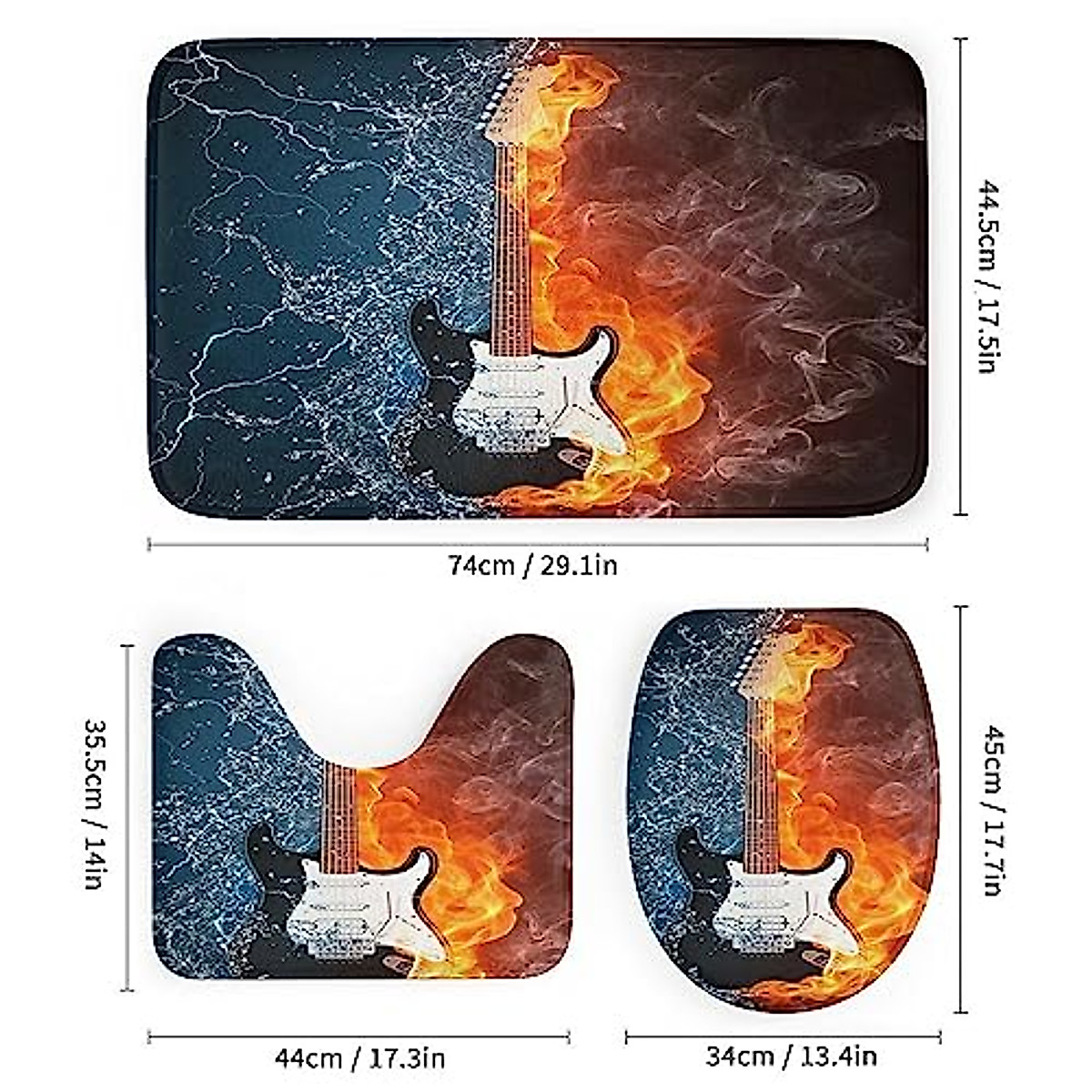 Fantasy Music Theme Guitar Shower Curtain Sets 4 Piece,Boys Room Decor Fire Water Flame Mist Electric Guitar Bathroom Decor Sets with Rugs Include Waterproof Non-Slip Toilet Lid Cover Bath Mat