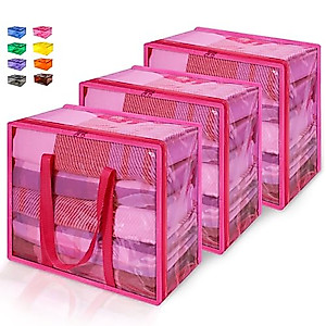 WADILE Pink Clear Clothes Storage Bag with Zipper, 3 Pack 40L Vinyl Storage Bag for Comforter, Blanket, Bedding, Duvet, Transparent Moving Totes