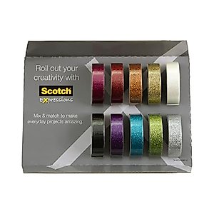 Scotch Glitter Washi Tape, 10 Rolls, Great for Use in Bullet Journal, School Supplies, Craft Supplies, and Teacher Appreciation Gifts (C517-10-SIOC)