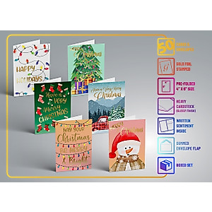 Better Office Products 50 Pack Christmas Cards Set with Gold Foil Accents, 4" x 6", Fun & Festive Designs, Blank Inside, Boxed Set