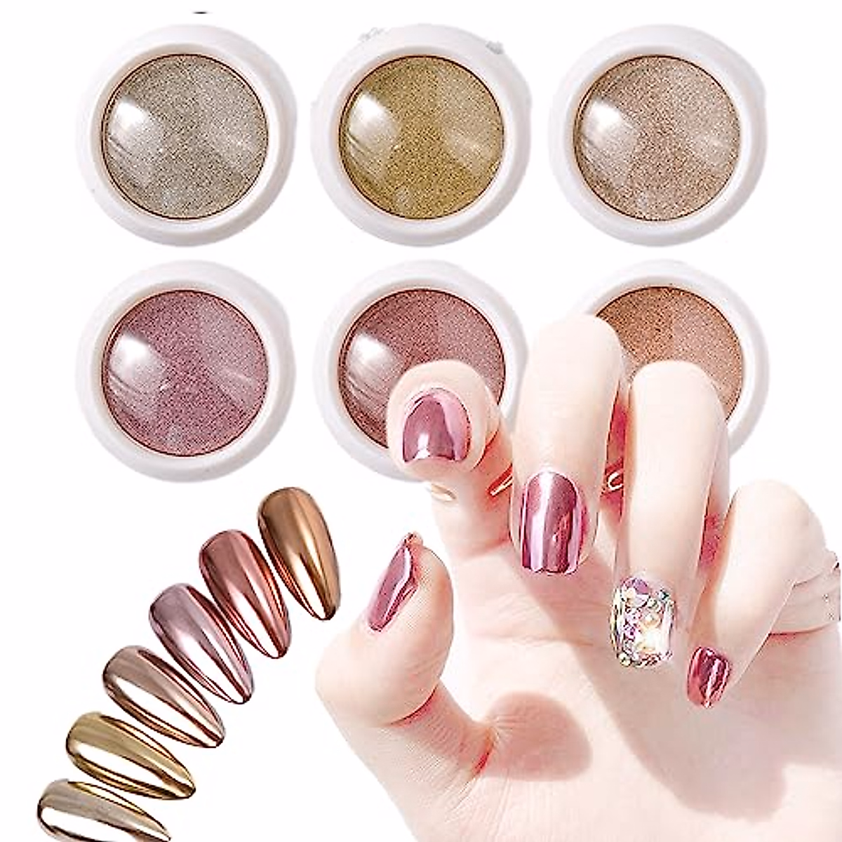 Chrome Nail Power Set, 6 Jars Metallic Chrome Nail Art Powder, Rose Gold Mirror Effect Pigment Glitter Dust Powder for Women DIY Manicure Nail Art Decorations