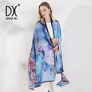 DANA XU 100% Mulberry Satin Silk Summer Travel Scarf Extra Large Women Floral Shawl Oversize Soft Wraps For Evening Dresses